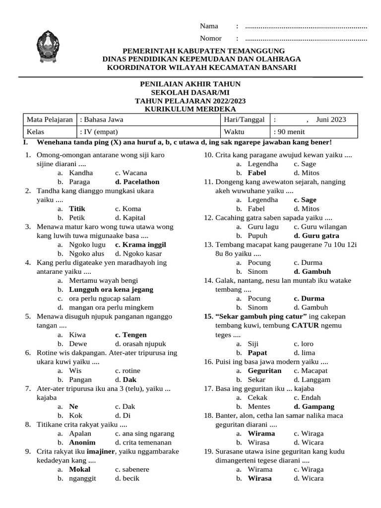 Soal PAT B Jawa Kelas 4 | PDF