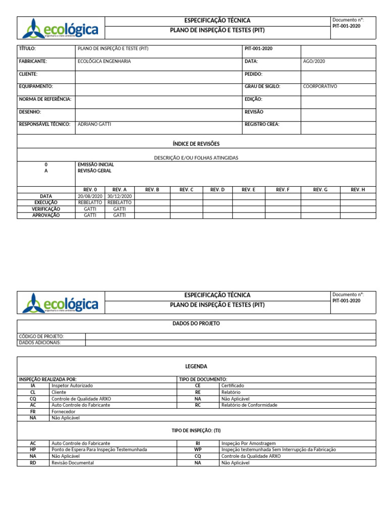 PIT - Plano de Insp. e Testes - MODELO | PDF