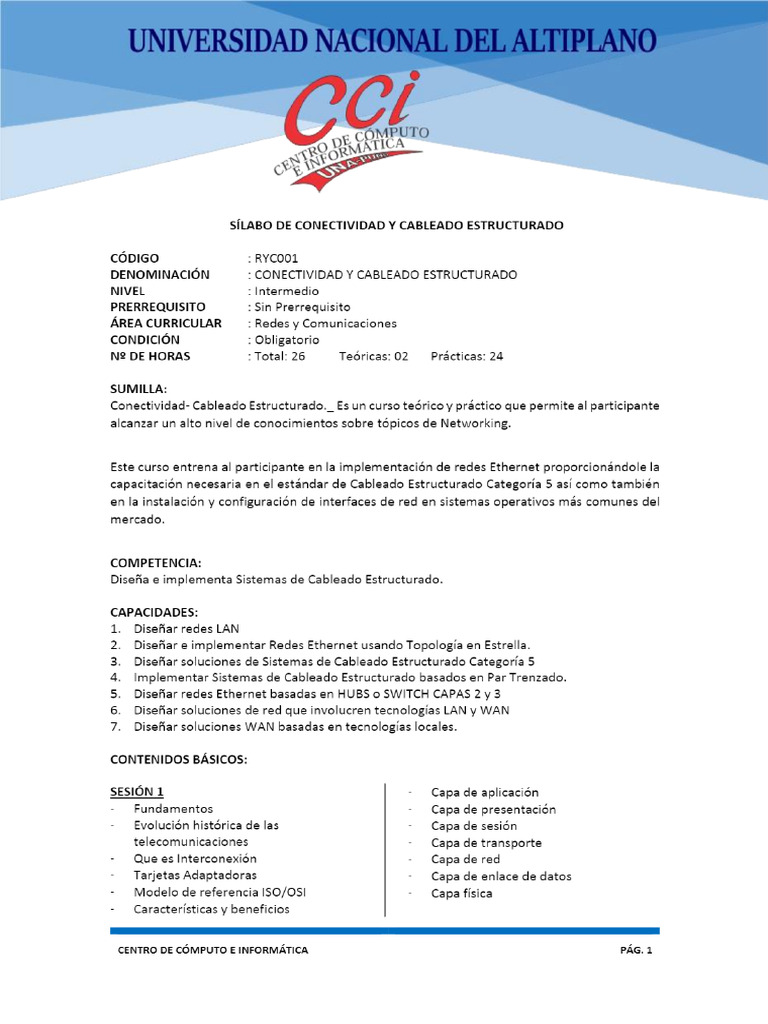 Sílabo de Conectividad y Cableado Estructurado | PDF