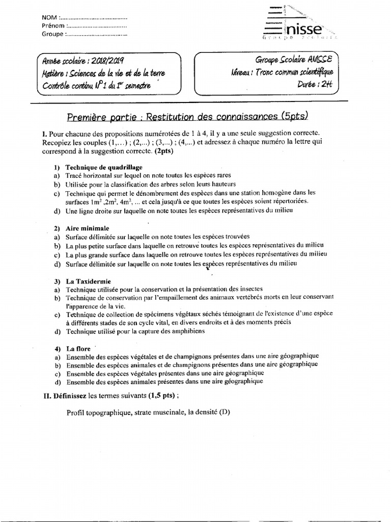 Devoir 1 Modele 3 SVT TC Semestre 1 | PDF