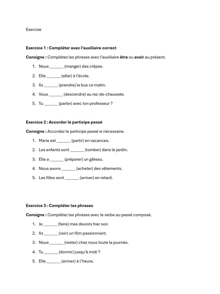 Passe Compose Exercise | PDF | Verbe