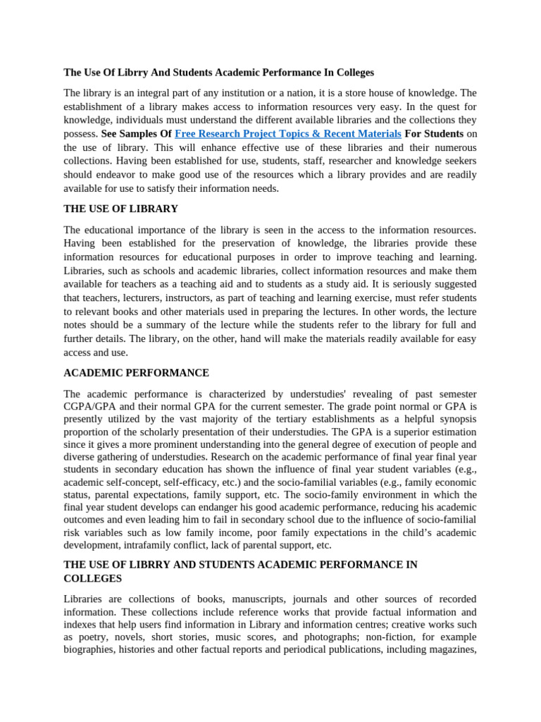 The Use of Librry and Students Academic Performance in Colleges | PDF ...