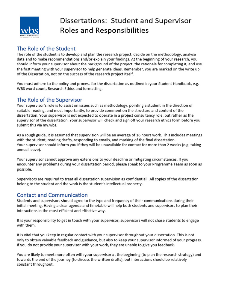 Student and Supervisor Roles and Responsibilities - Oct 2023 | PDF ...