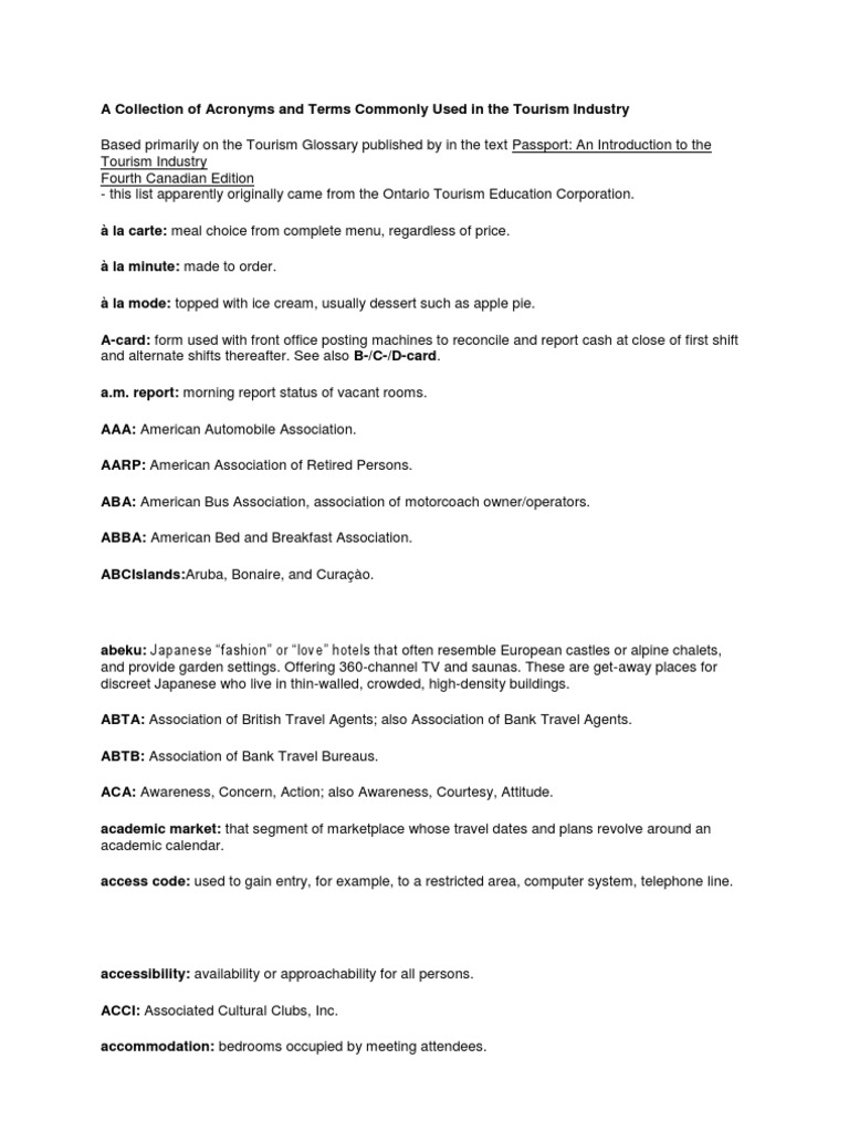 Acronyms and Terms in The Tourism Industry | PDF | Restaurants | Travel ...