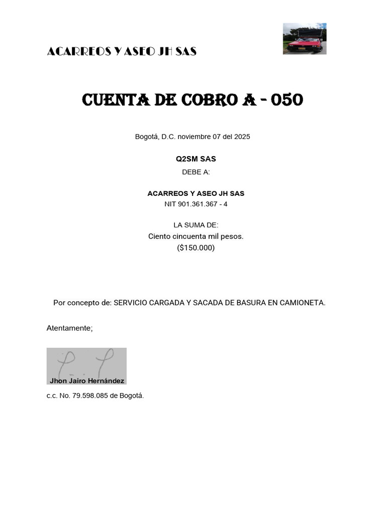 21 251106 Cuenta de Cobro a- 050 q2sm Sas | PDF