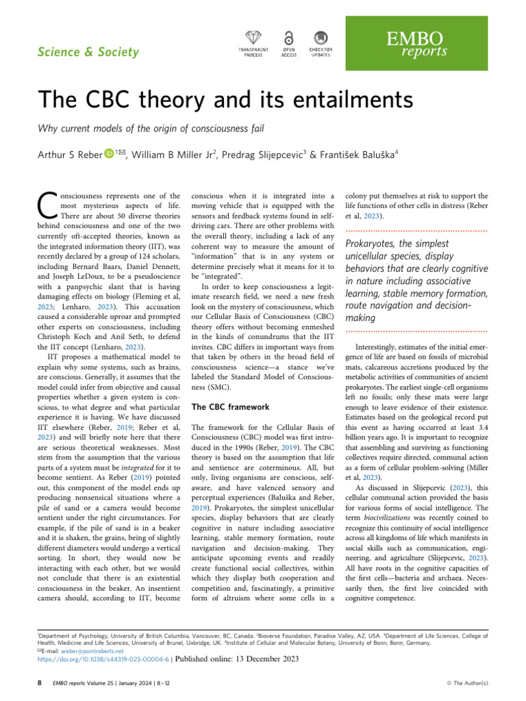 The CBC (Cellular Basis of Consciousness) Theory and Its Entailments ...