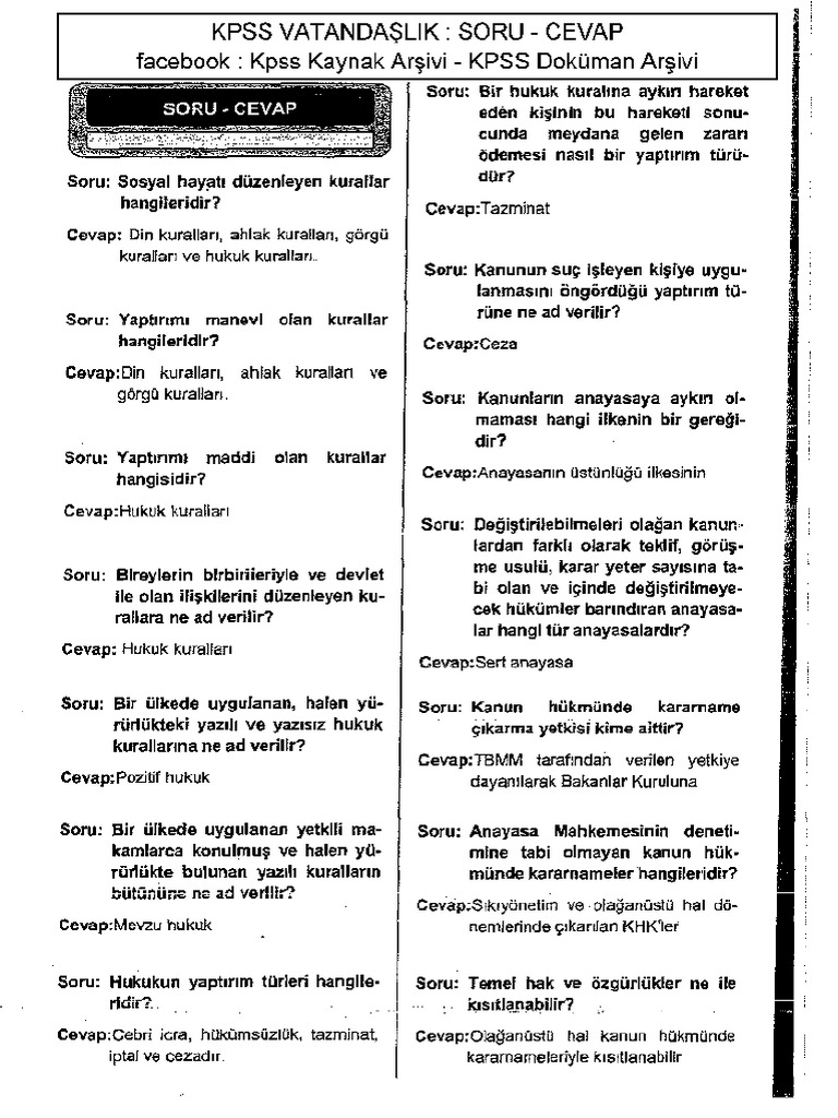 Kpss Vatandaslik Sorulari Ve Cevaplari | PDF