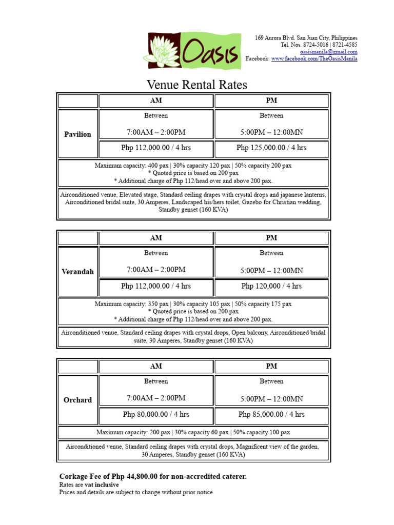 Venue Rental Rates 2023-2024 | PDF