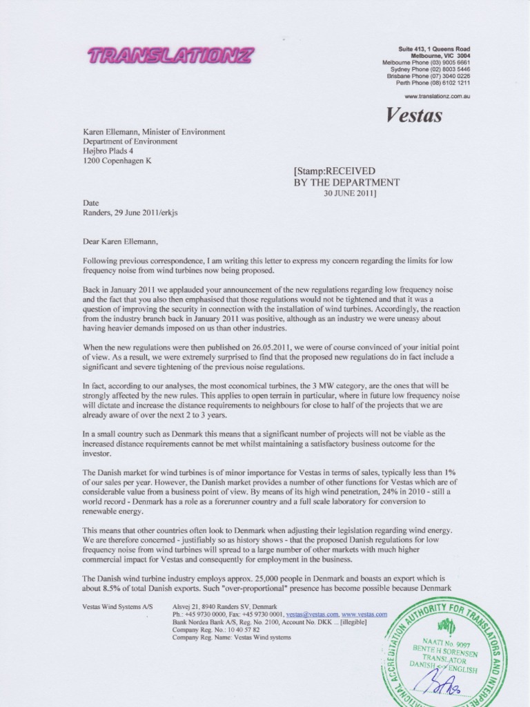 Denmark Letter From Vestas To Karen Ellemann Min of Environment Denmark ...