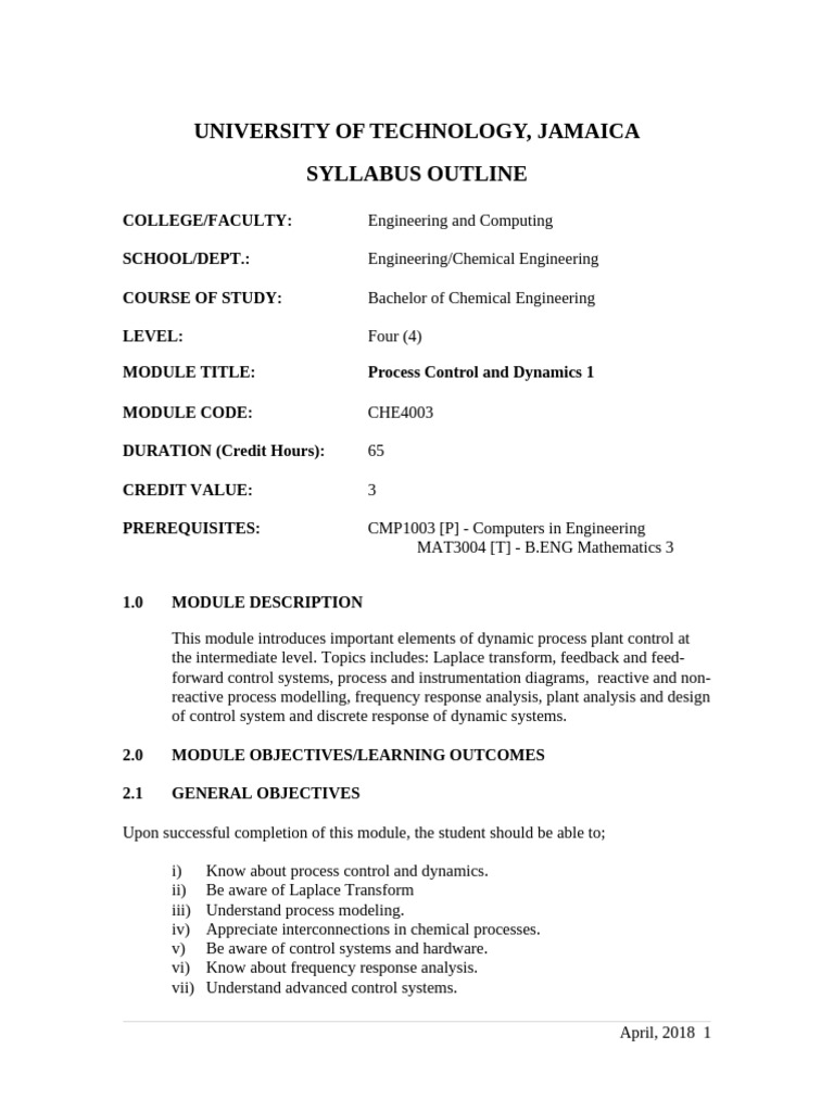 Module Syllabus 2018rev CHE4003 | PDF | Control Theory | Laplace Transform