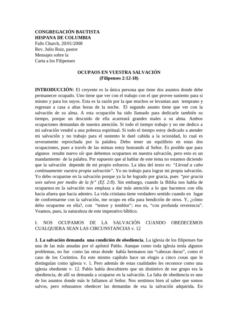 FILIPENSES 2 v. 12-18. Ocupaos en Vuestra Salvacion | PDF | Salvación ...