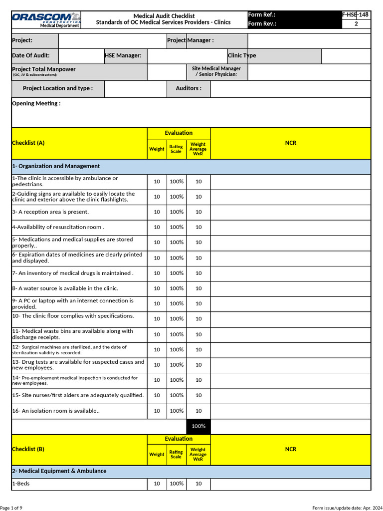 0148 Medical Audit Checklist New1 | PDF | Clinical Medicine | Medicine