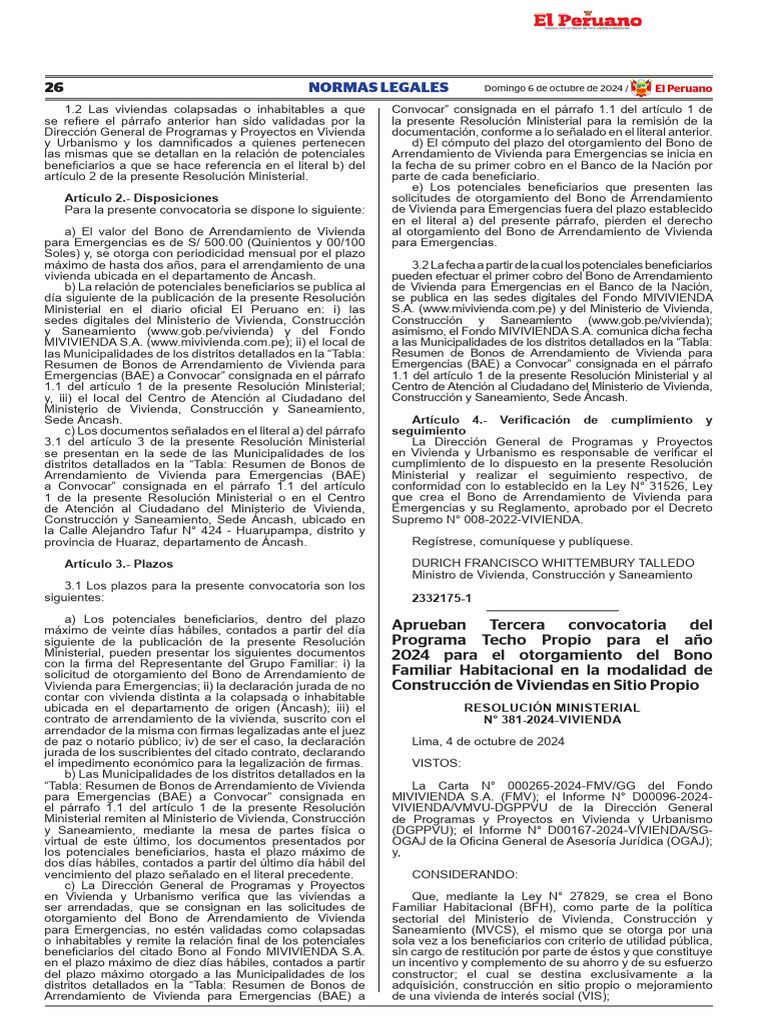R.M. N° 381-2024-VIVIENDA - 3RA CONVOCATORIA CSP 2024 - 06.10.2024 | PDF | Perú | Justicia