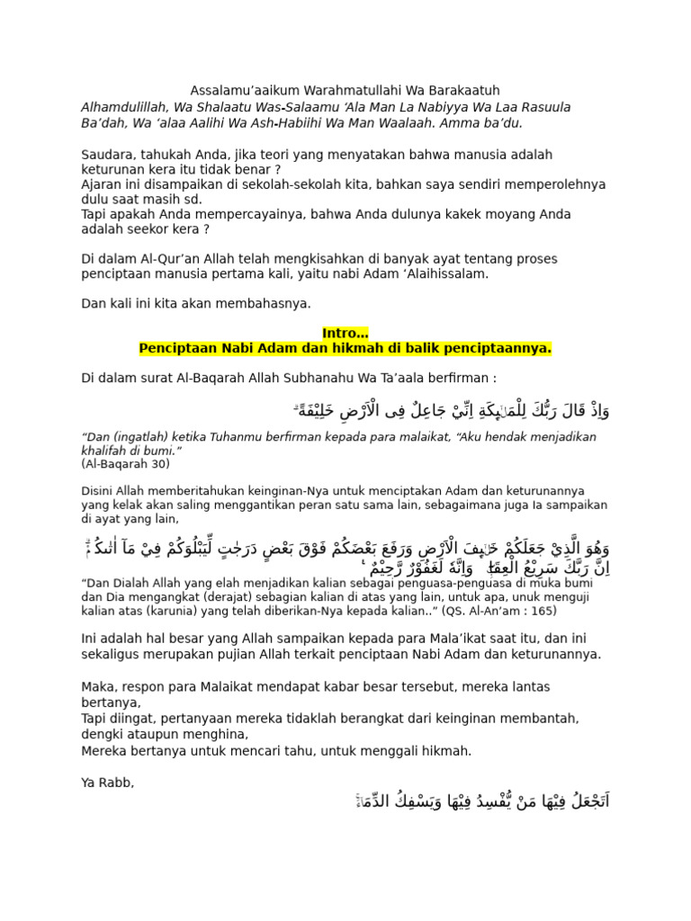 Penciptaan Nabi Adam dan Hikmahnya | PDF