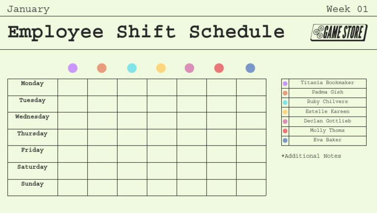 Employee Shift Schedule: Monday Tuesday Wednesday Thursday Friday ...