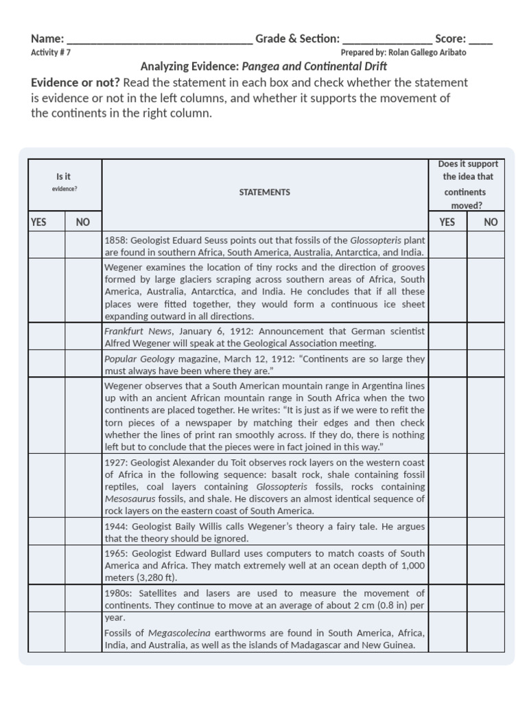 Florida Museum Pangea Analyzing Evidence Worksheet | PDF | Physical ...