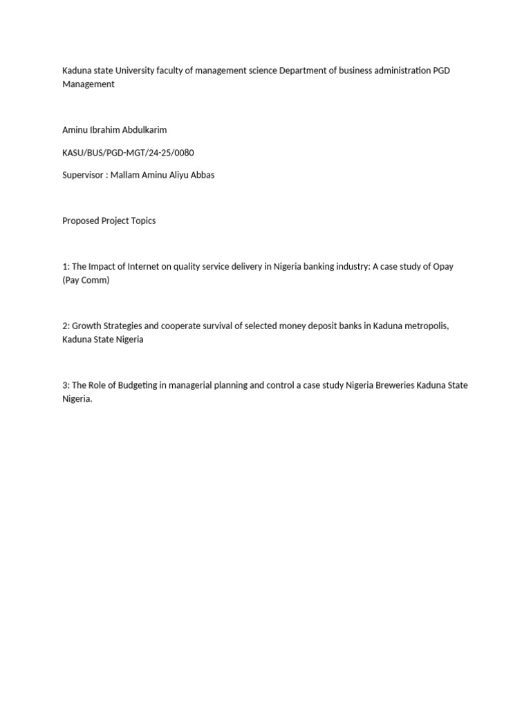 PGD Management Project Topics KASU | PDF