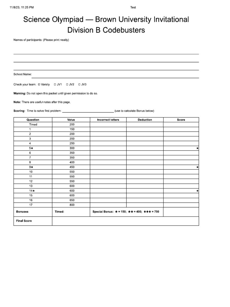 Codebusters Div B Test + Answer Sheet | PDF