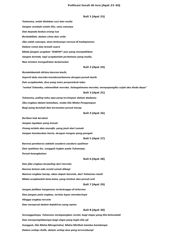 Puitisasi Surah Al-Isra: Ayat 23-30 | PDF