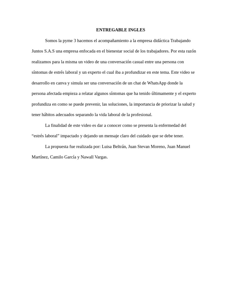 Entregable Ingles- Trabajando Juntos s.a.s | PDF