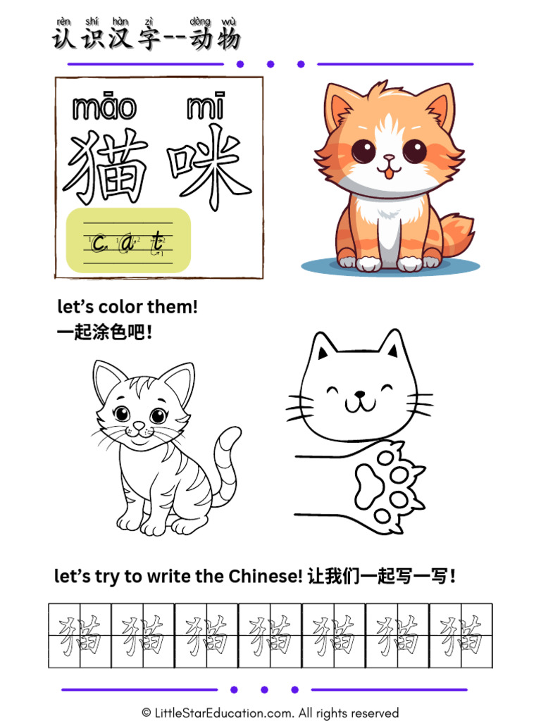 Learn Chinese Characters Cat Animal Coloring and Writing For Kids | PDF