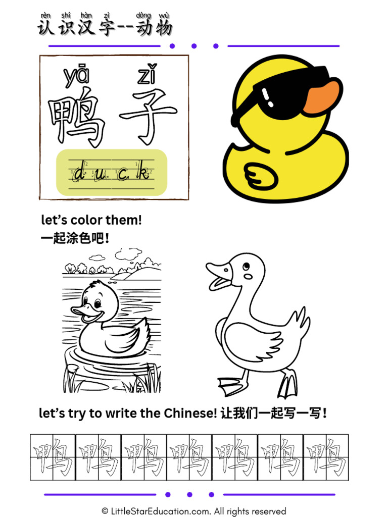 Learn Chinese Animal Characters Duck Coloring and Writing for Pre k | PDF