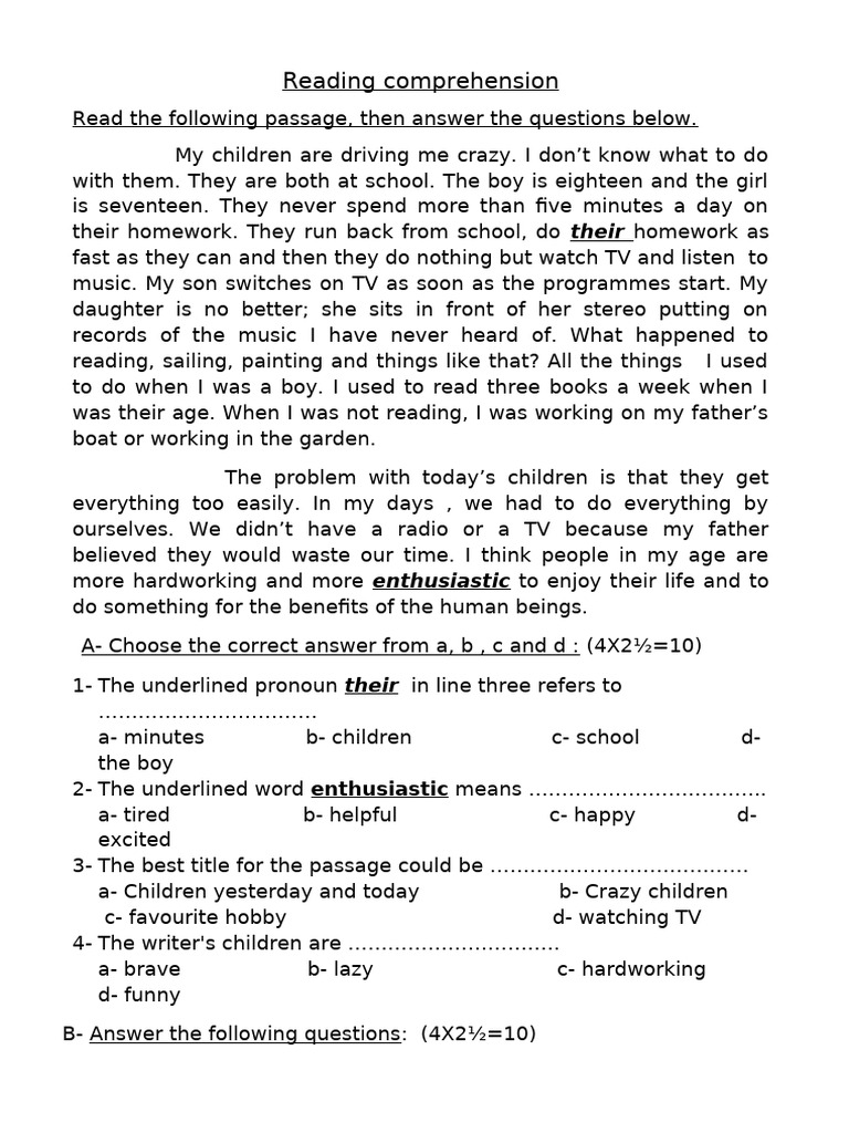 Comprehension Passage For Grade 9 148008 | PDF