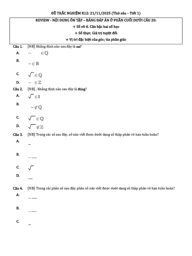 REVIEW TRẮC NGHIỆM K12 lớp 7A3_21.11.2025_DA | PDF