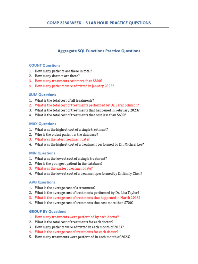 SQL Aggregate Functions Practice Questions | PDF