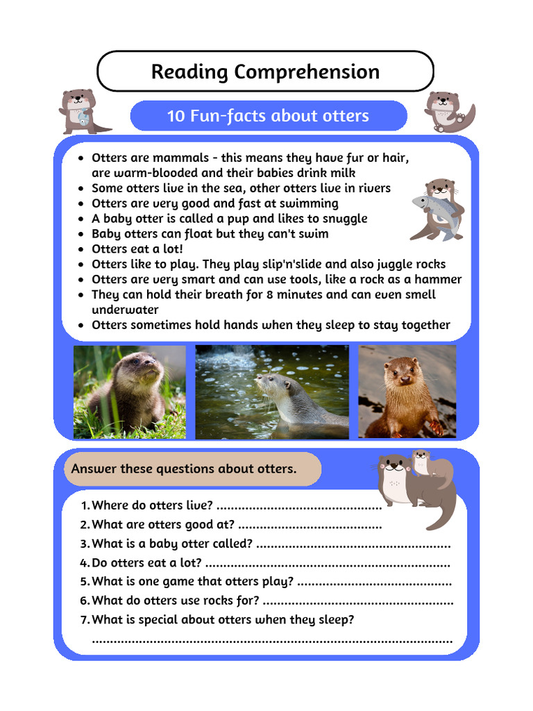 Colorful Illustrative English Otter Reading Comprehension Worksheet (1 ...