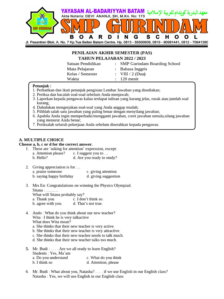 SOAL UAS B.ING 8 | PDF