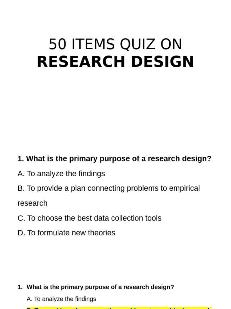Research Design Quiz - 50 Items - Answer | PDF | Experiment | Case Study