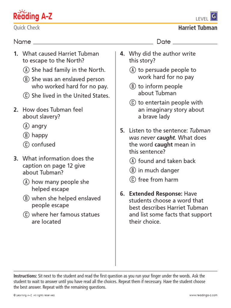 Harriet Tubman Quick Check Guide | PDF | Reading Comprehension | Learning