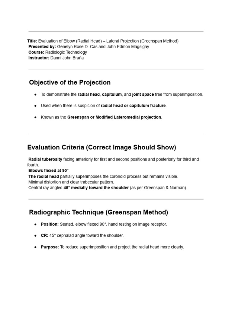 Radial Head Lateral Projection Guide | PDF