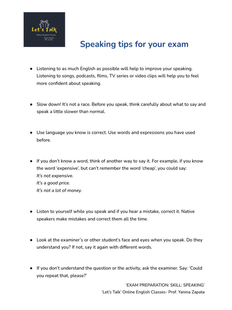 Speaking Tips For Your Exam | PDF | Human Communication
