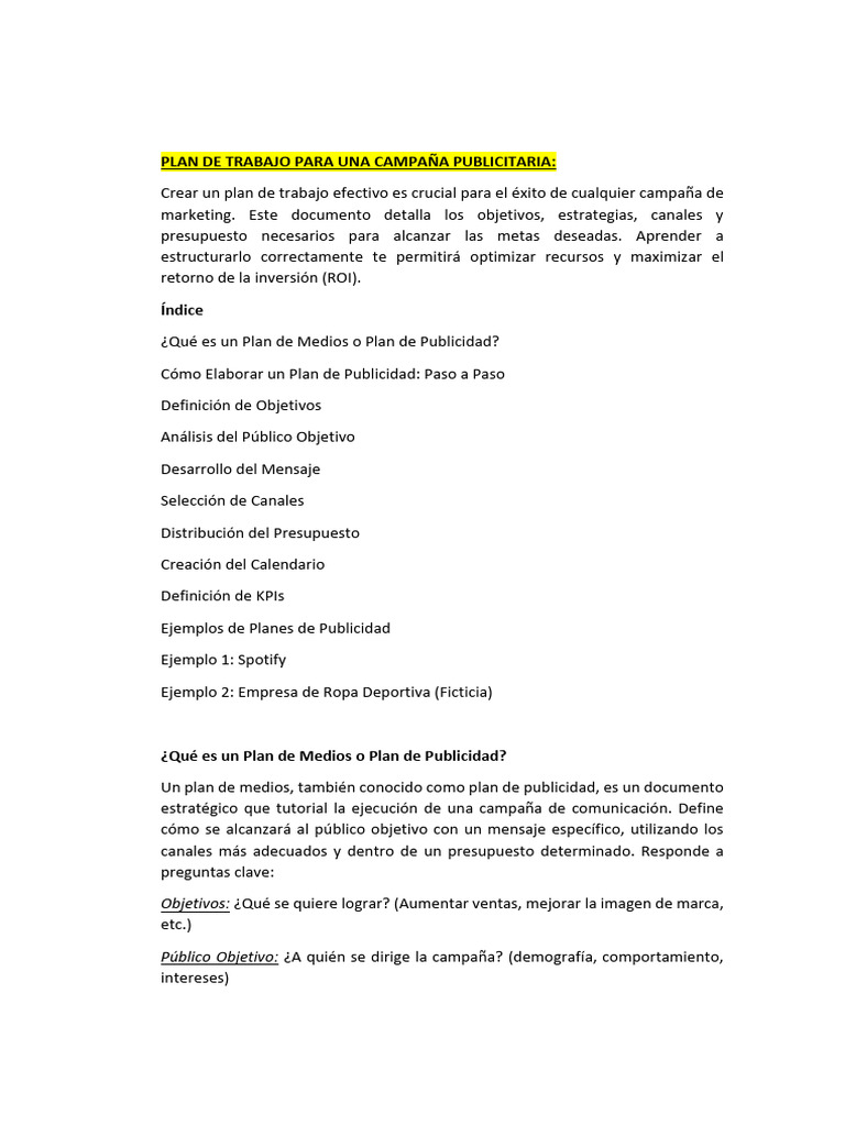Plan de Trabajo para Campaña Publicitaria | PDF | Publicidad ...