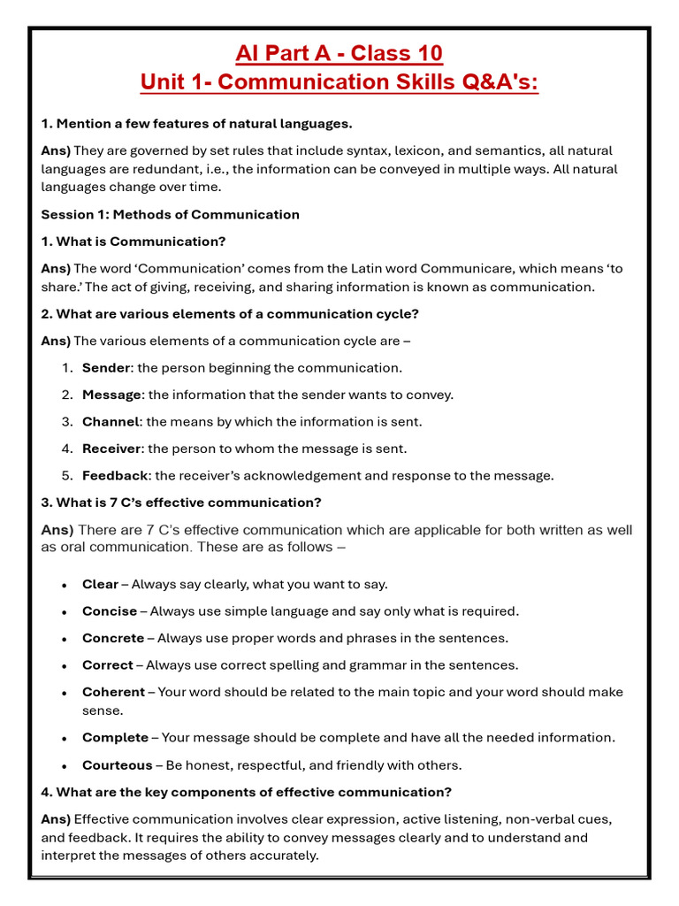 Communication Skills Q&A for Class 10 | PDF | Nonverbal Communication ...