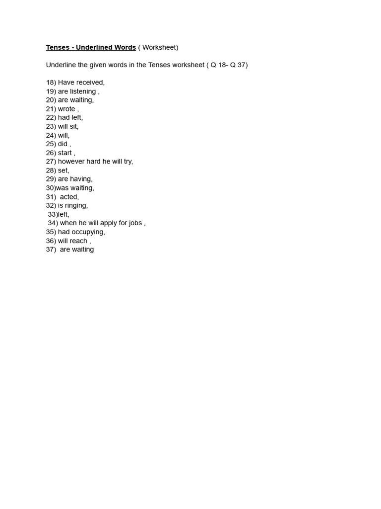 Underlined Words - Tenses Worksheet | PDF