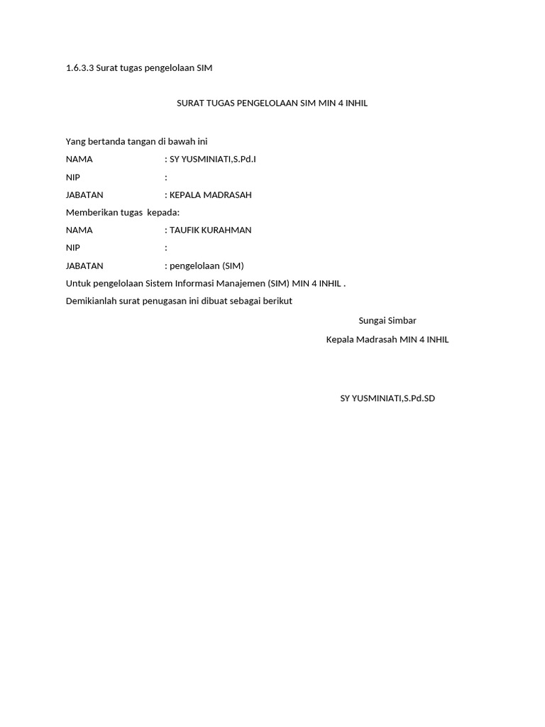 Surat Tugas Pengelolaan SIM MIN 4 INHIL | PDF