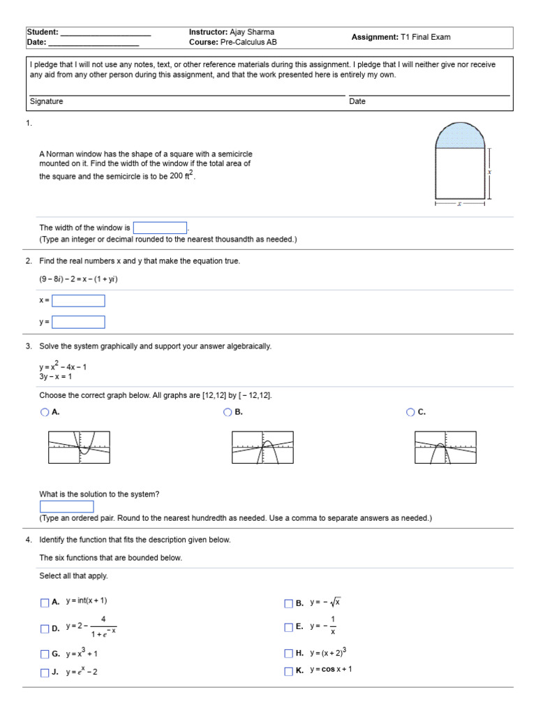 Pre-Calculus AB Final Exam Assignment | PDF | Function (Mathematics ...