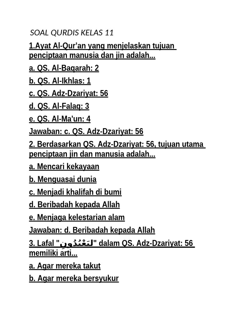 Soal Qurdis Kelas 11: Ibadah dan Ilmu | PDF