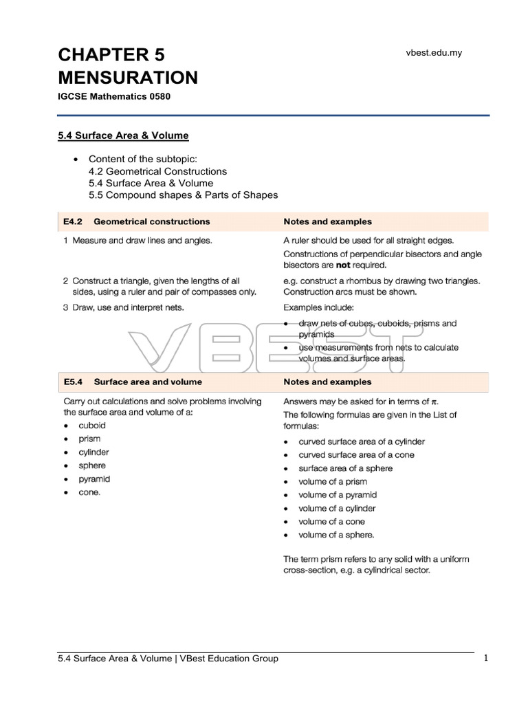 IGCSE 0580 5.4 Surface Area Volume Pg1 30 | PDF | Area | Sphere
