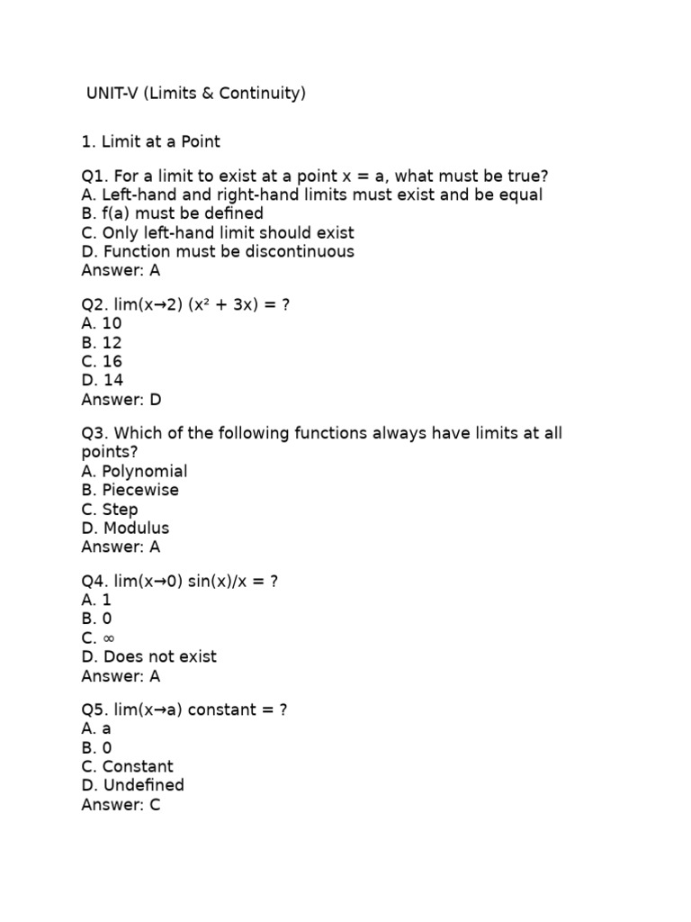 Limits and Continuity MCQs Guide | PDF | Functions And Mappings | Algebra