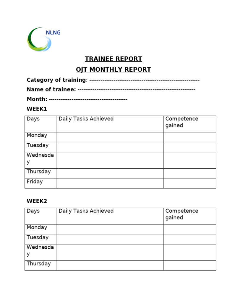 Monthly OJT Trainee Report Template | PDF
