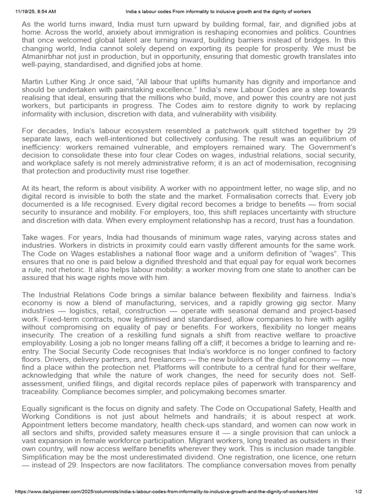 India S Labour Codes From Informality To Inclusive Growth and The ...