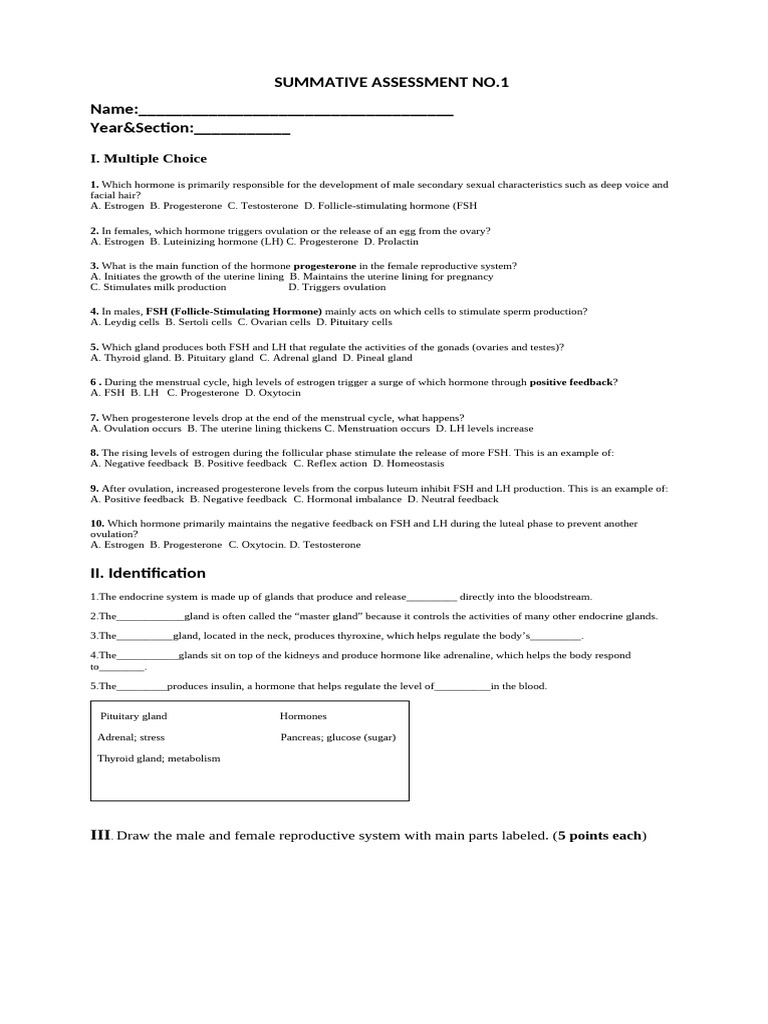 SUMMATIVE ASSESSMENT NO. 1 | PDF | Luteinizing Hormone | Menstrual Cycle
