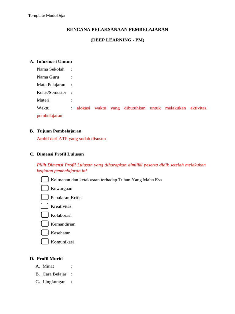Template RPP Deep Learning Terstruktur | PDF