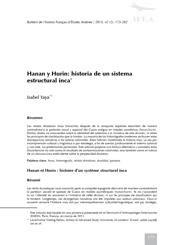 Hanan y Hurin Historia de Un Sistema Estructural Inca Isabel Yaya | PDF ...