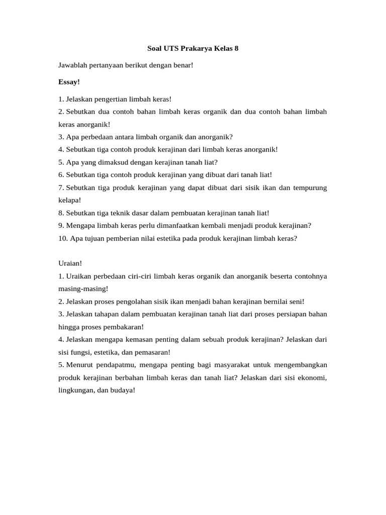 Soal UTS Prakarya Kelas 8: Limbah Keras dan Kerajinan | PDF