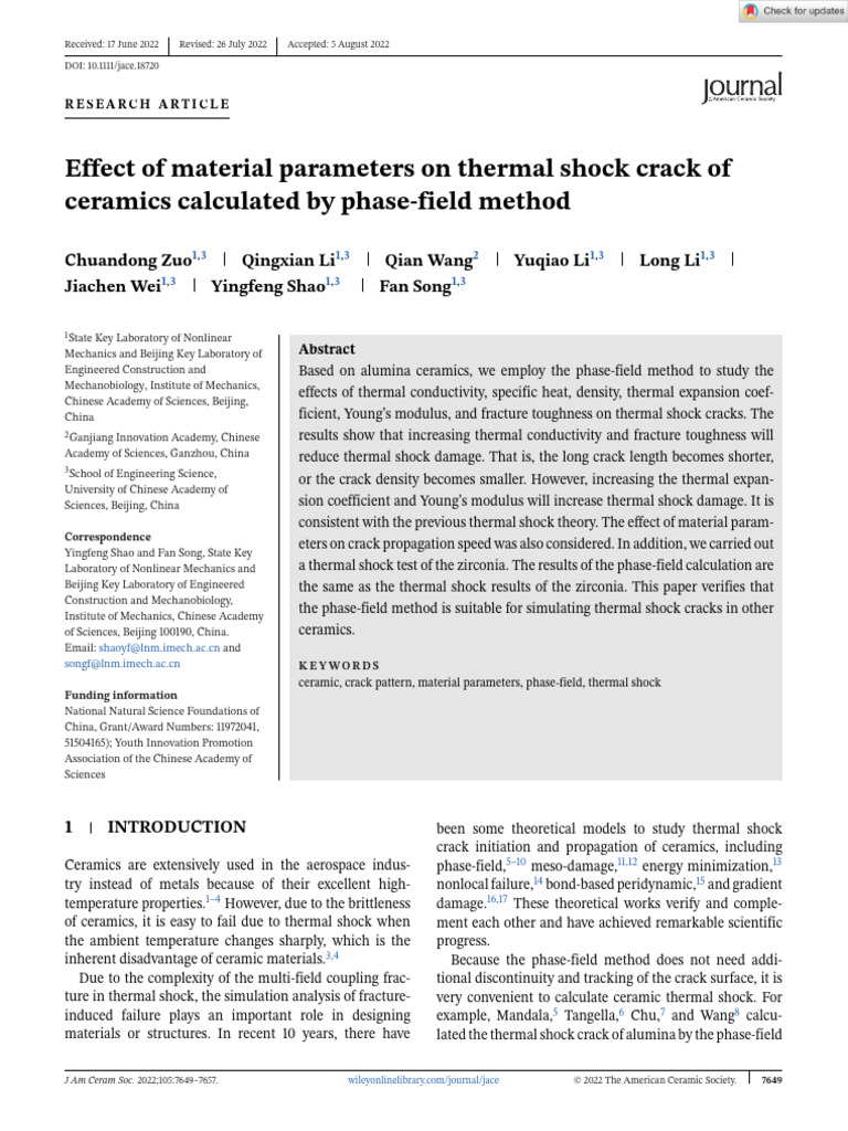Effect of material parameters on thermal shock crack of ceramics calculated by phase-field ...